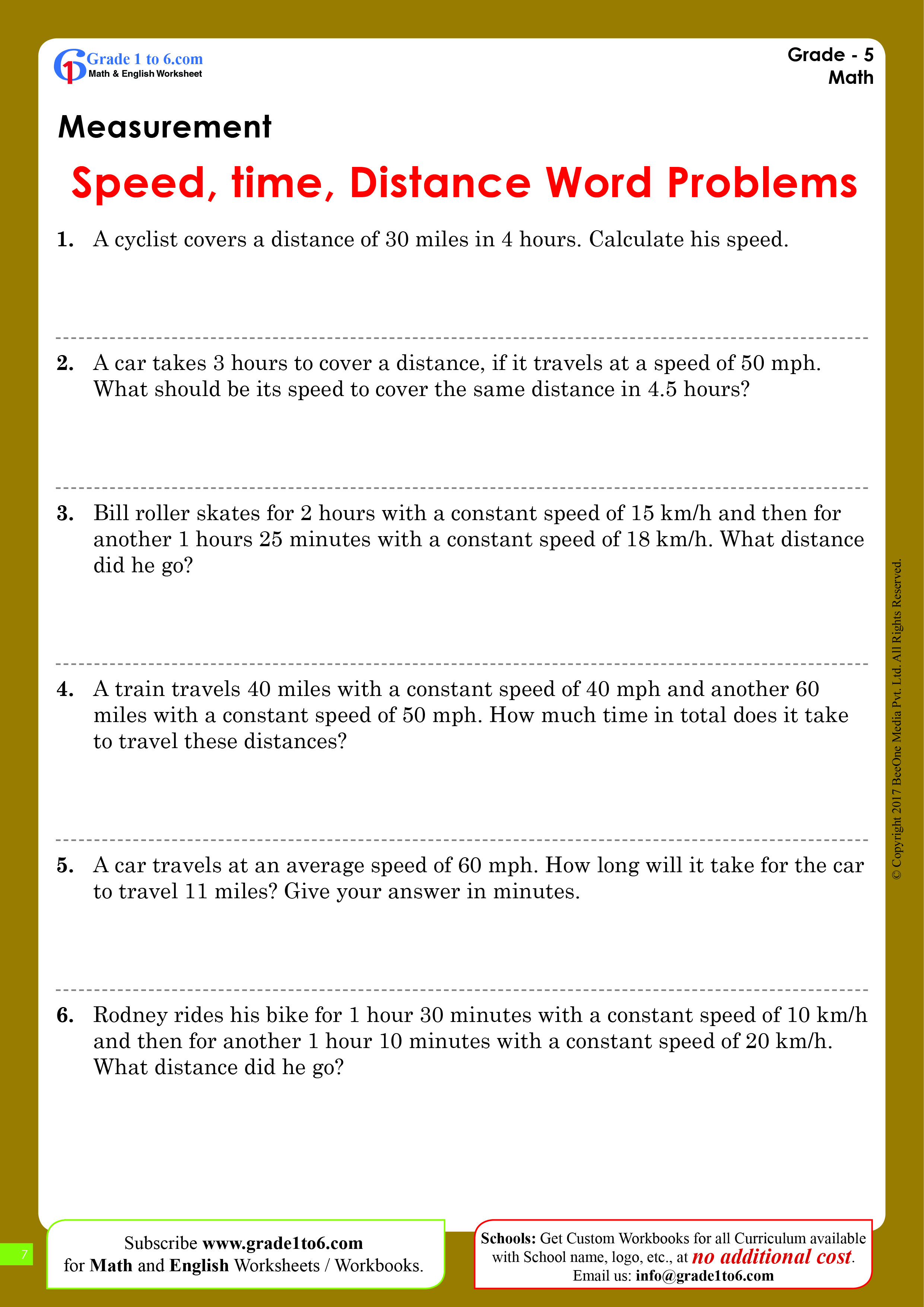 Speed Time And Distance Word Problems Worksheet Grade1to6