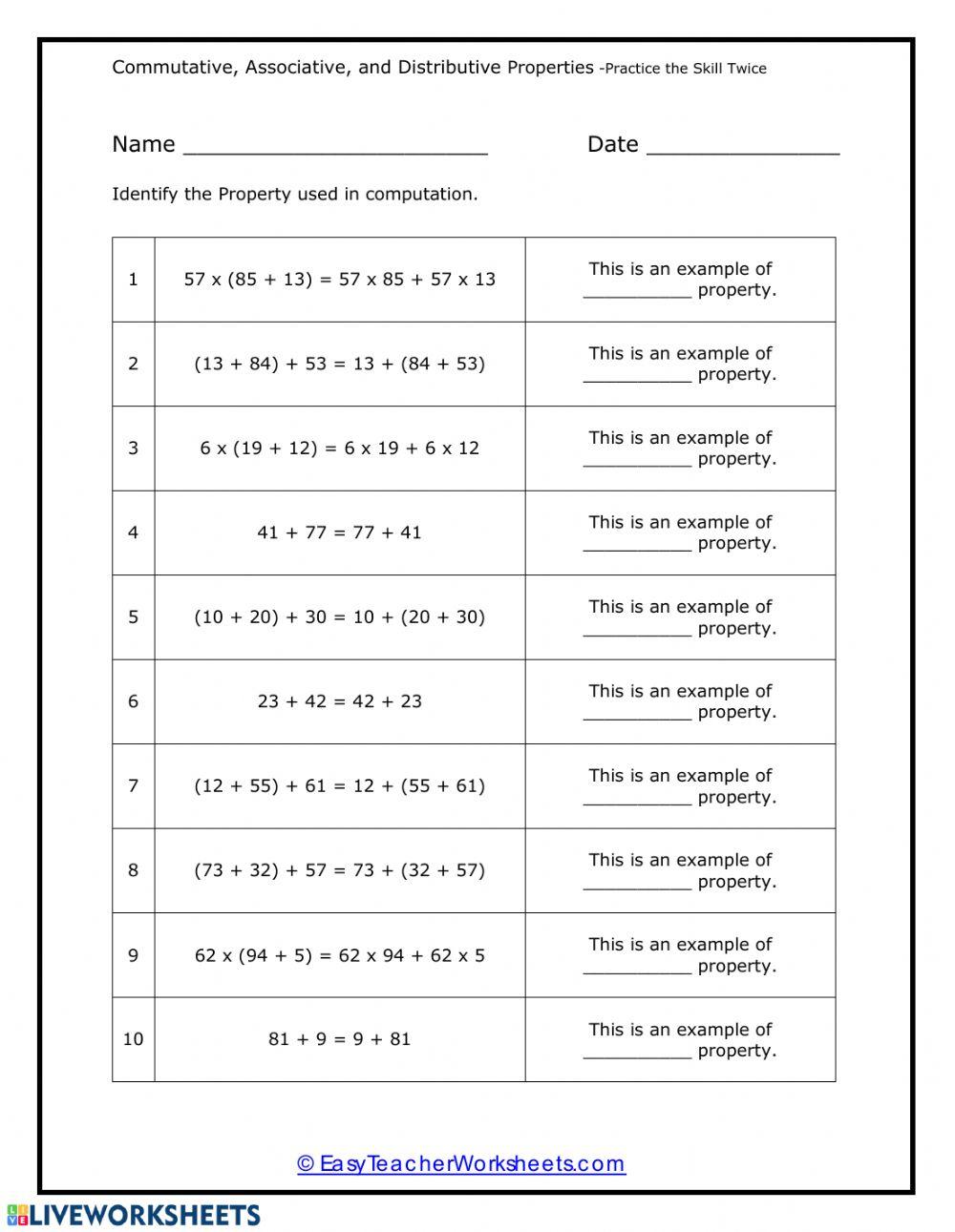 Free Distributive Associative Commutative Properties Worksheet