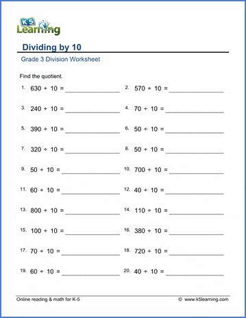 Grade 3 math worksheets: Division by 10 | K5 Learning - Worksheets Library