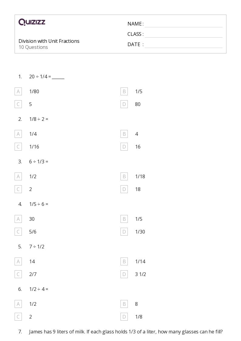 50 Division With Unit Fractions Worksheets For 6th Year On