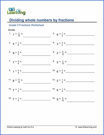 Grade 5 Math Worksheets: Dividing whole numbers by fractions | K5 ...