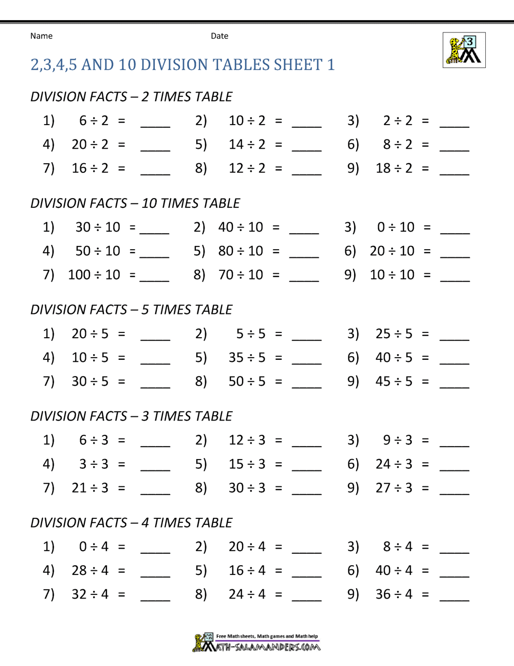 Division Facts Worksheets - Worksheets Library