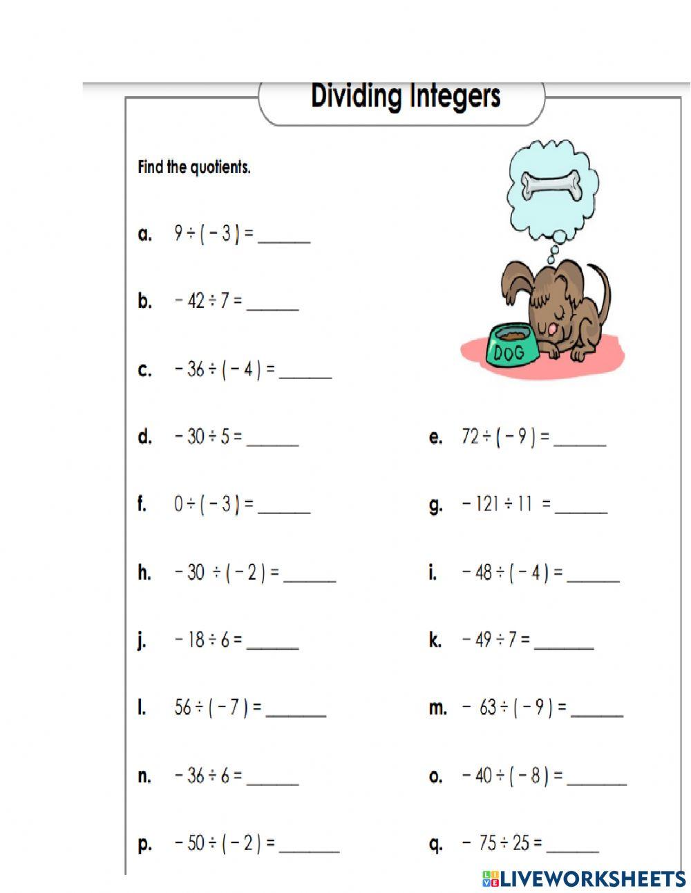Dividing Integers Worksheet