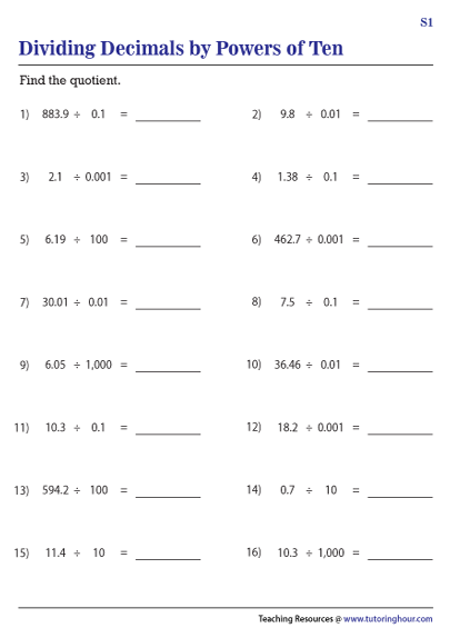 Dividing Decimals by Powers of Ten Worksheets - Worksheets Library
