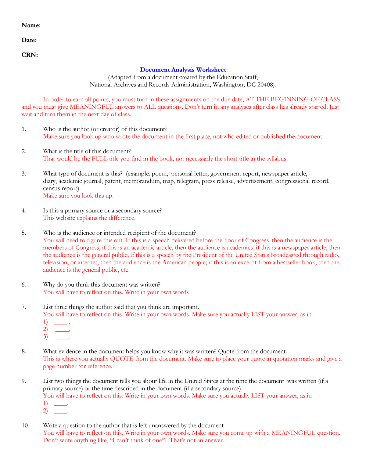Guidelines Document Analysis Worksheet Name Date Crn