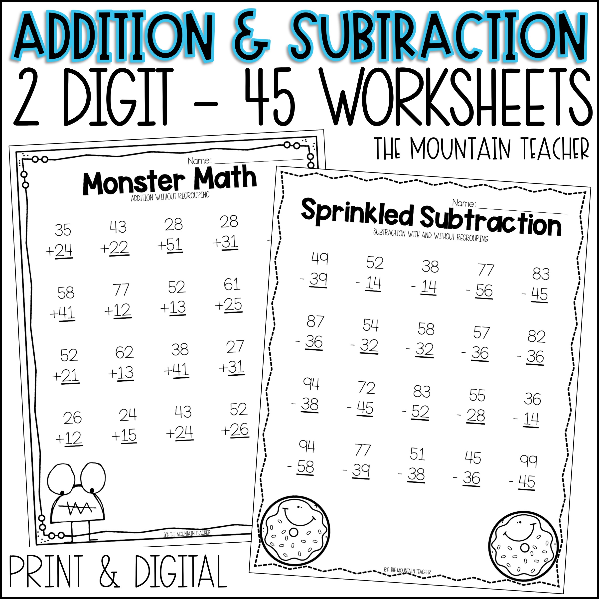 Two Digit Addition and Subtraction Worksheets With and Without ...