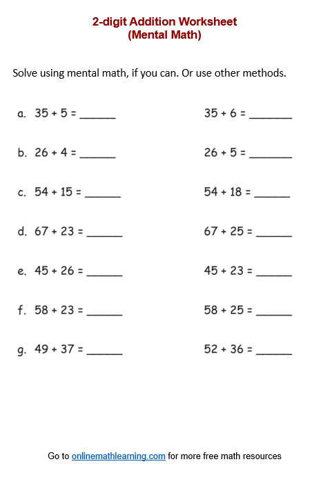 Mental Math Addition Worksheets (Second Grade, printable) - Worksheets ...