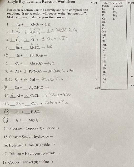 Solved Single Replacement Reaction Worksheet For each | Chegg.com - Worksheets Library