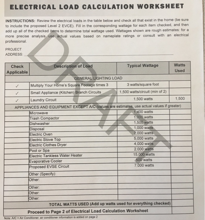 Solved Electrical Load Calculation Worksheet Instructions