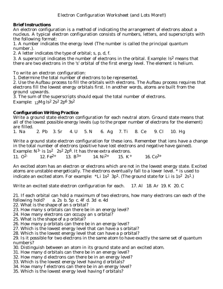 Ground State Electron Configuration Of An Atom Rules Terms Worksheets Library