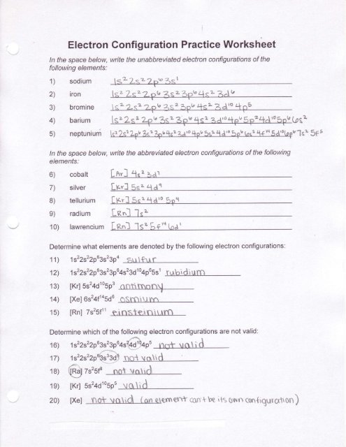 Electron Configuration Worksheet With Answers Teaching Resources