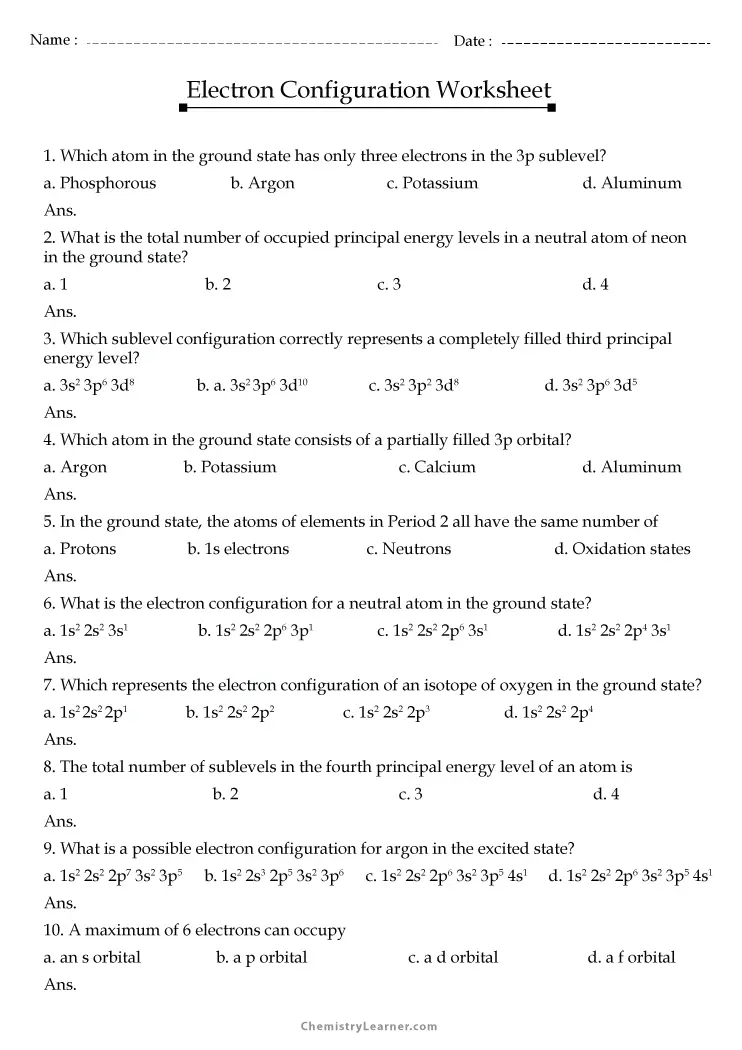Free Printable Electron Configuration Worksheets Worksheets Library