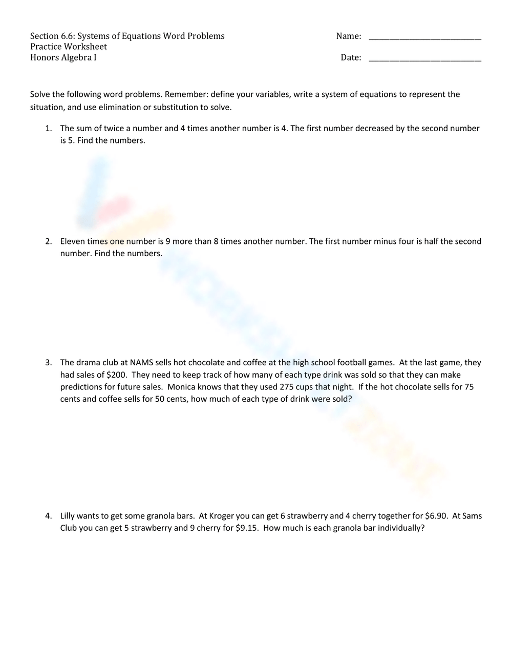 System Of Equation Word Problem Worksheet