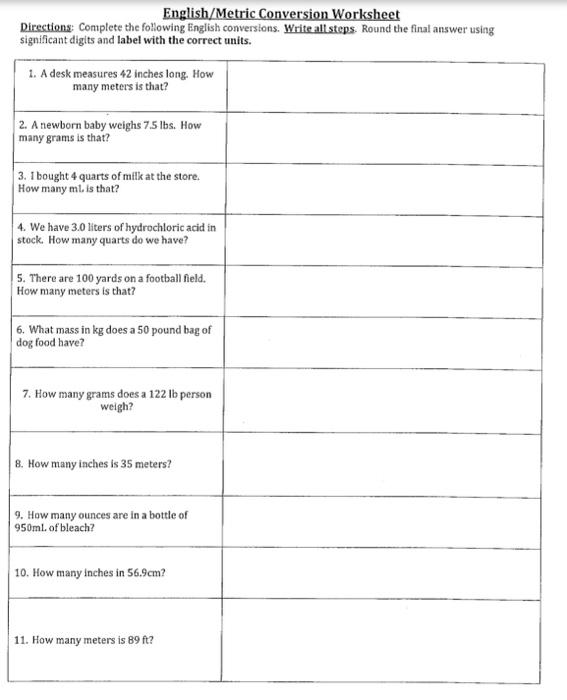 Solved English/Metric Conversion Worksheet Directions: | Chegg.com - Worksheets Library