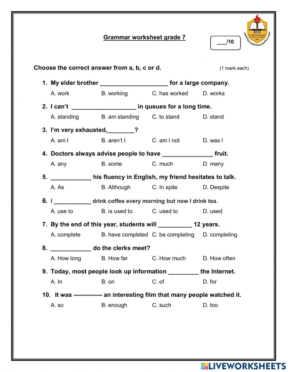 Grammar worksheet grade 7 worksheet | Live Worksheets - Worksheets Library