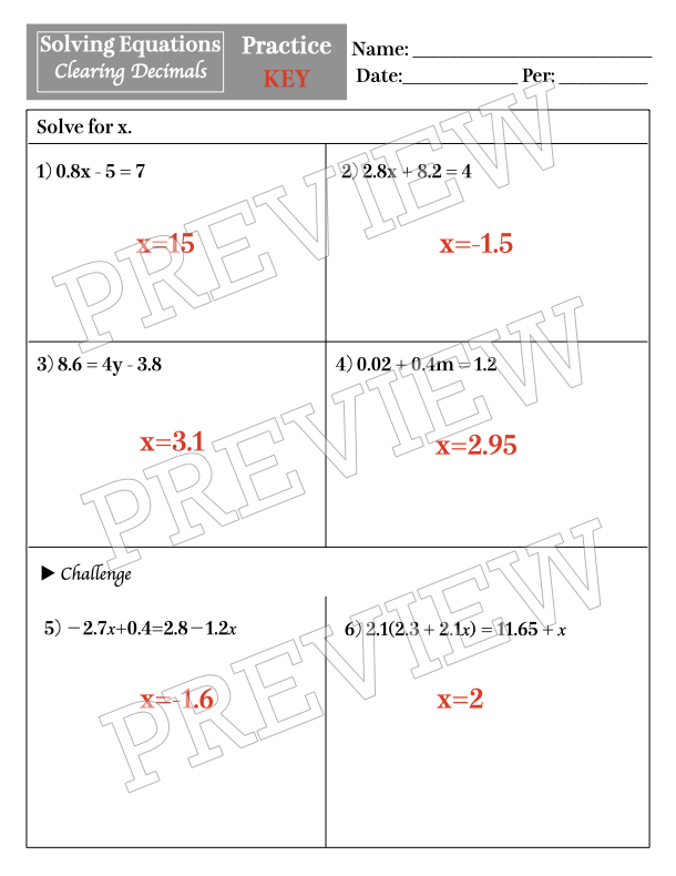 Free equations with decimals worksheet, Download Free equations with ...