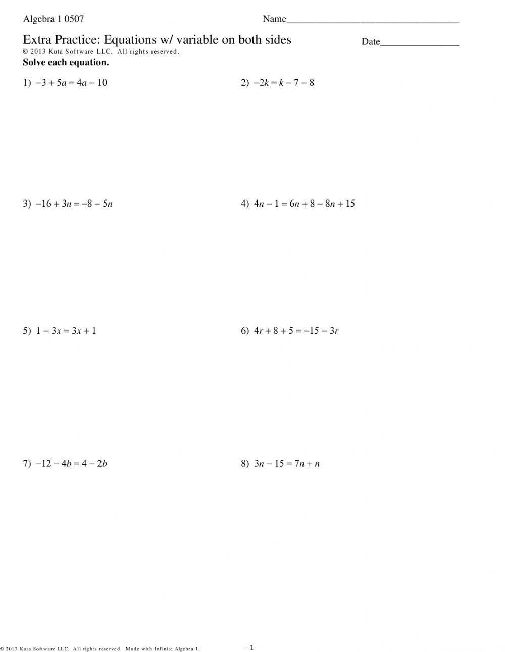 Solving Linear Equations With Variables On Both Sides Worksheet