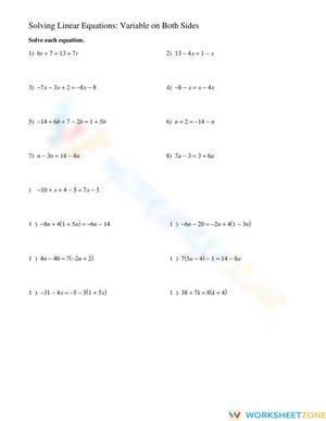 Solving Linear Equations With Variables On Both Sides Worksheet ...