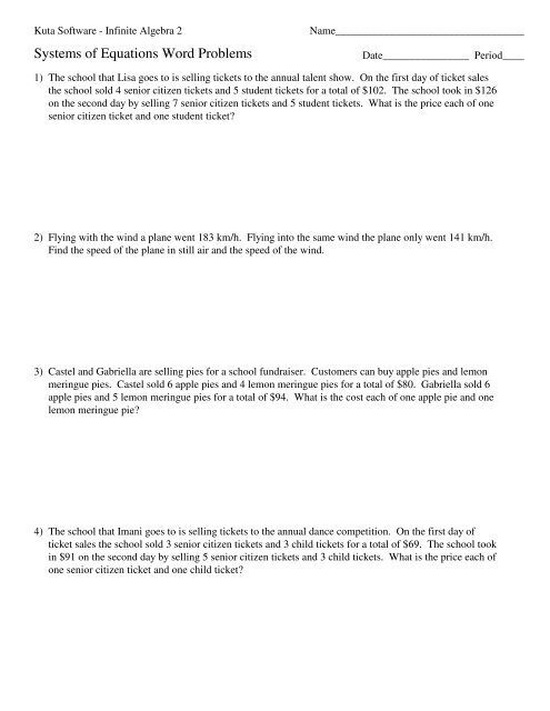 Systems of Equations Word Problems - Kentoncountyspringboardmath ...