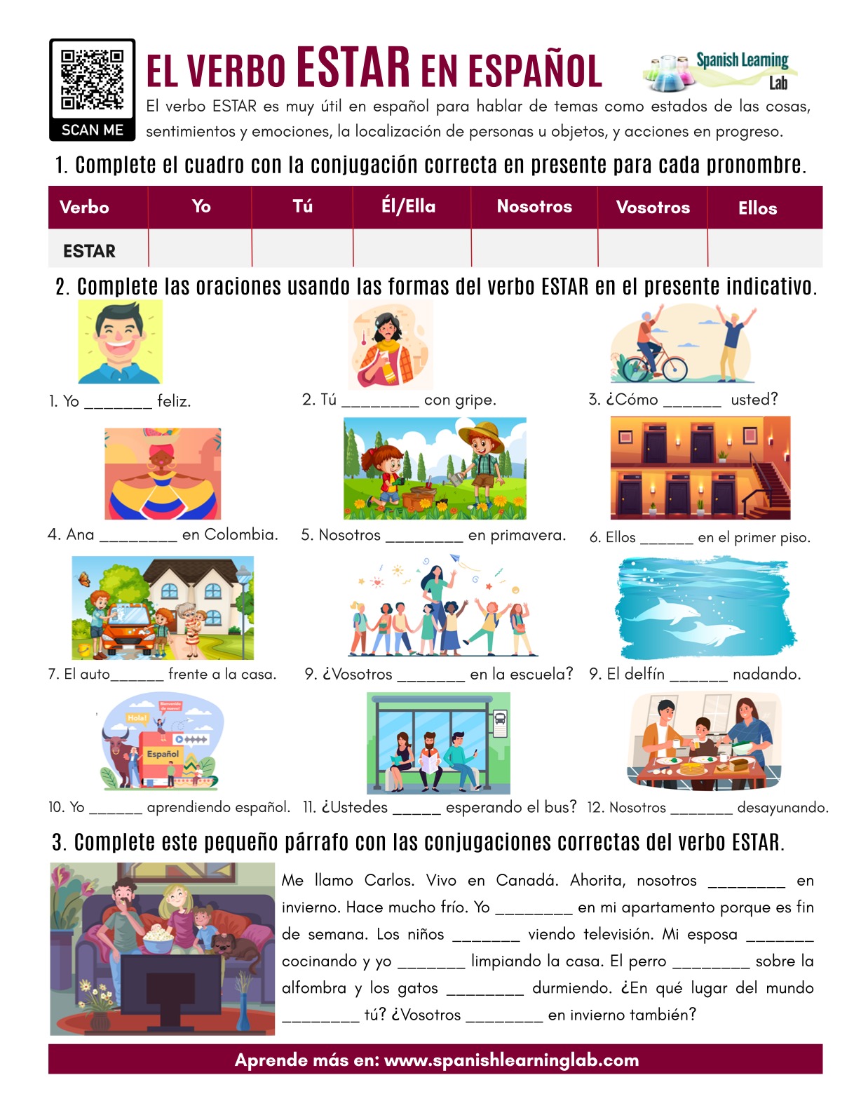 The verb ESTAR in Spanish - PDF Worksheet - Spanish Learning Lab ...