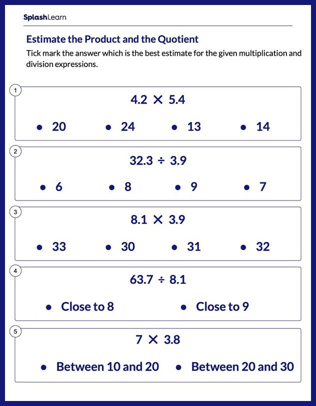 Estimate Product And Quotient Of Decimal Numbers Math Worksheets Estimate Product And Quotient Of Decimal Numbers Math Worksheets