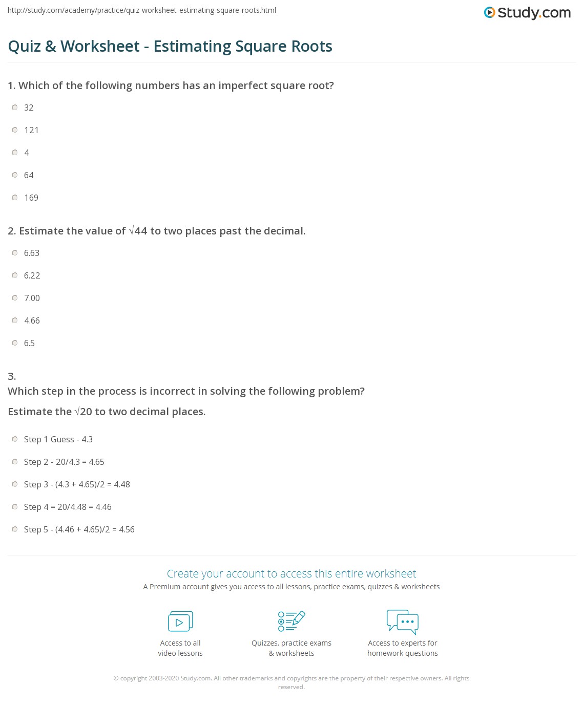 Quiz & Worksheet - Estimating Square Roots | Study.com - Worksheets Library