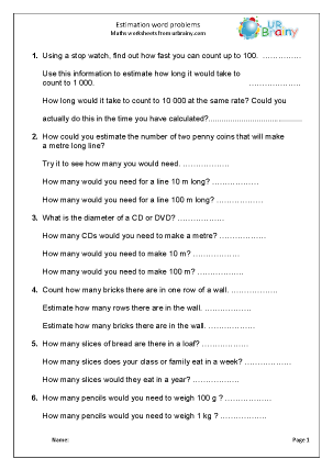 Estimation: word problems - Number and Place Value by URBrainy.com ...
