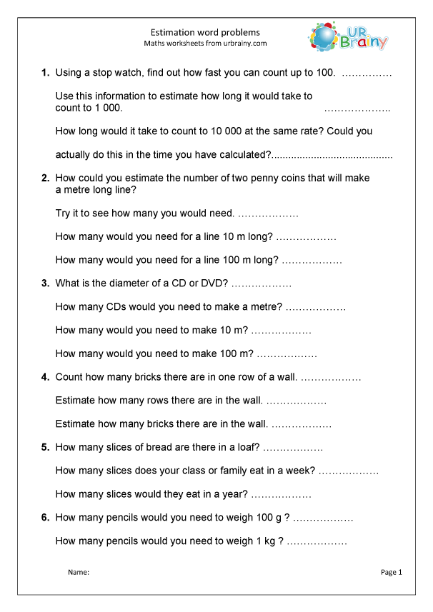 Estimation: word problems - Number and Place Value by URBrainy.com ...