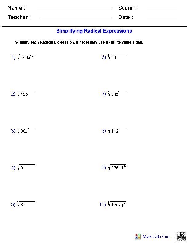 Exponents and Radicals Worksheets | Exponents & Radicals ...