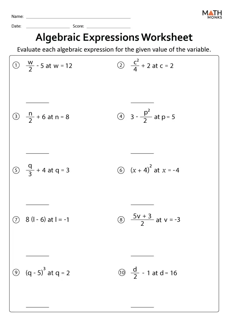 Algebraic Expressions Worksheets - Math Monks - Worksheets Library
