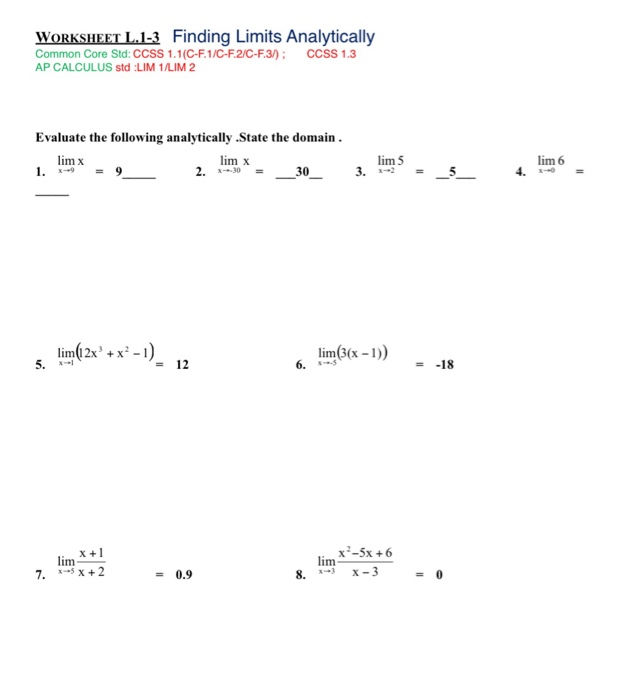 Worksheet L 1 3 Finding Limits Analytically Common