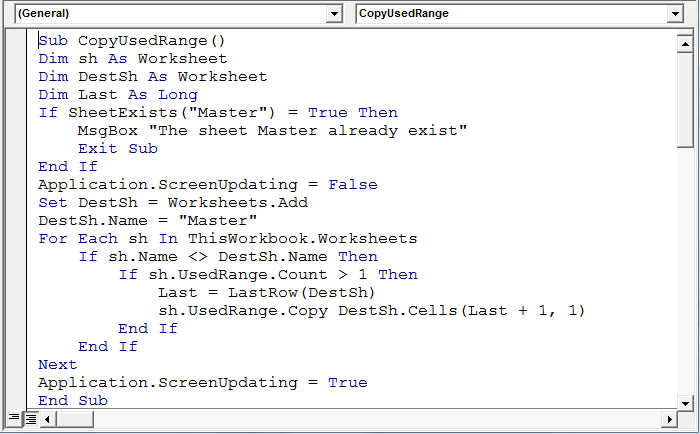 Copy the UsedRange of each sheet into one sheet using VBA in ... - Worksheets Library