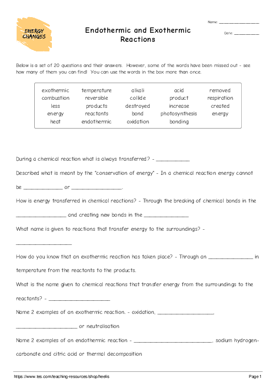 Endothermic and Exothermic Reactions - Cloze Test Worksheet ...