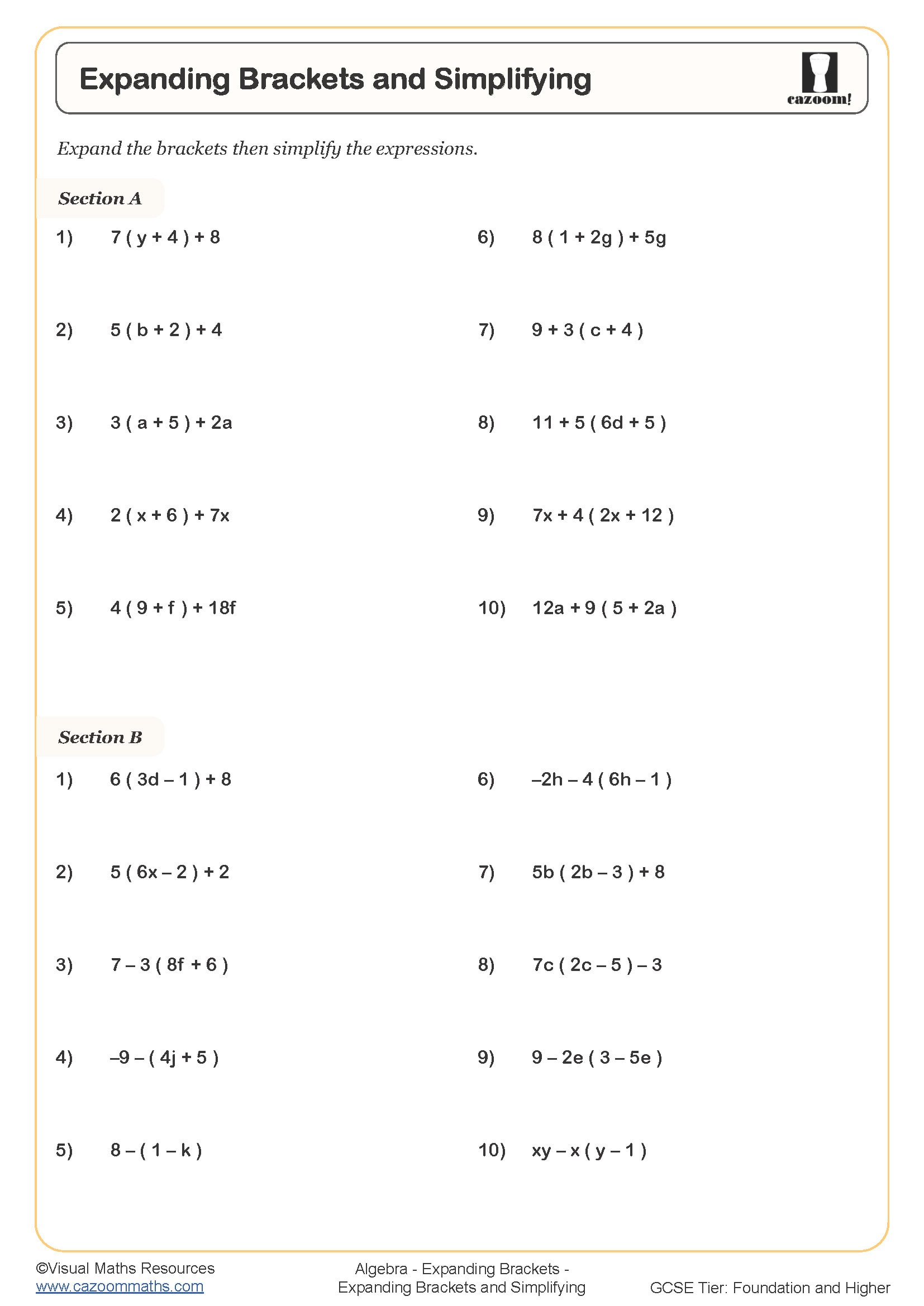 Expanding Brackets and Simplifying Worksheet | Cazoom Maths Worksheets ...