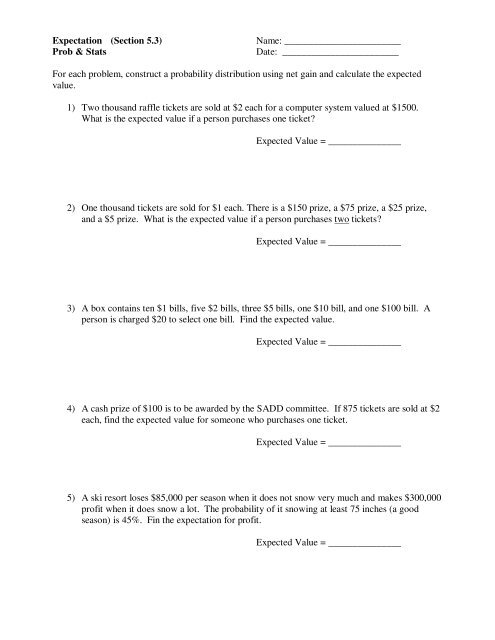 expected value worksheet.doc - Probability and Statistics ... - Worksheets Library