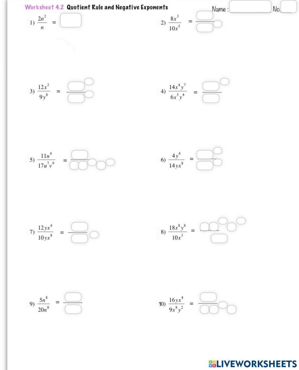 Quotient Rule For Exponents Worksheet For 9th 12th Grade Quotient Rule For Exponents Worksheet For 9th 12th Grade
