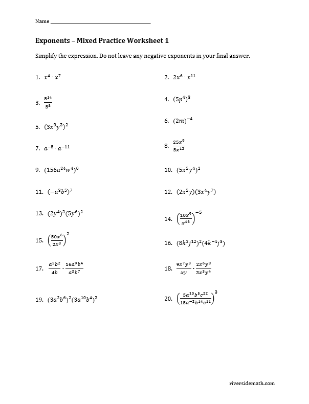 Exponents - Riverside Math - Worksheets Library