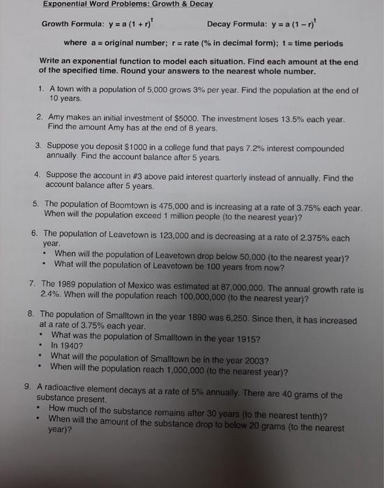 Free exponential growth and decay word problems worksheet pdf, Download ...