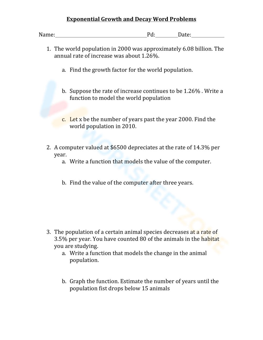 Exponential Growth And Decay Word Problems Worksheet - Worksheets Library