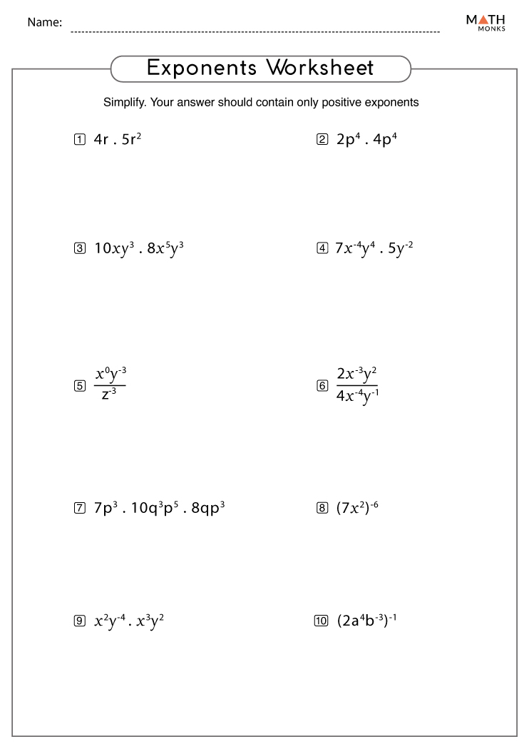 Exponents With Division Algebra Exponents Worksheets | Negative ...
