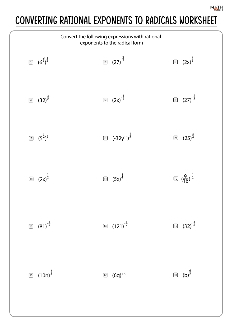 Radicals and Rational Exponents Worksheets - Math Monks - Worksheets ...