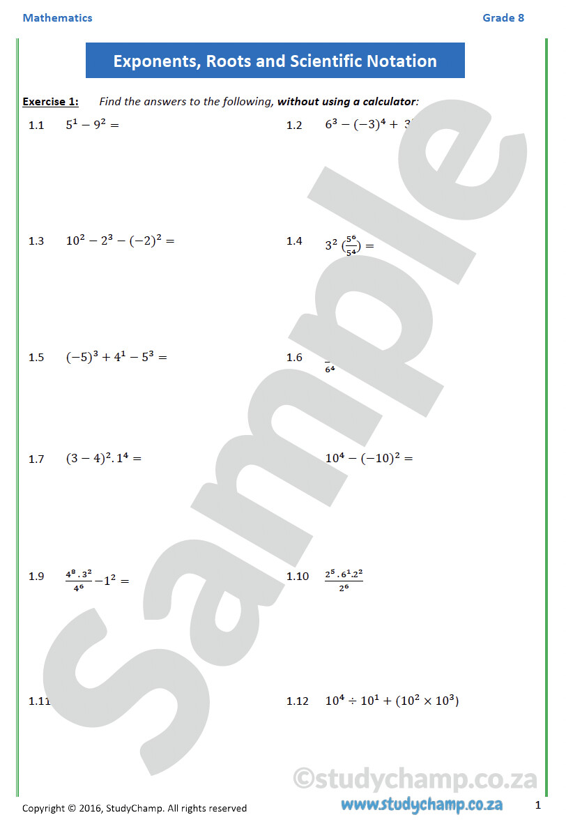 Grade 8 Mathematics Worksheet: Exponents and Roots - Worksheets Library