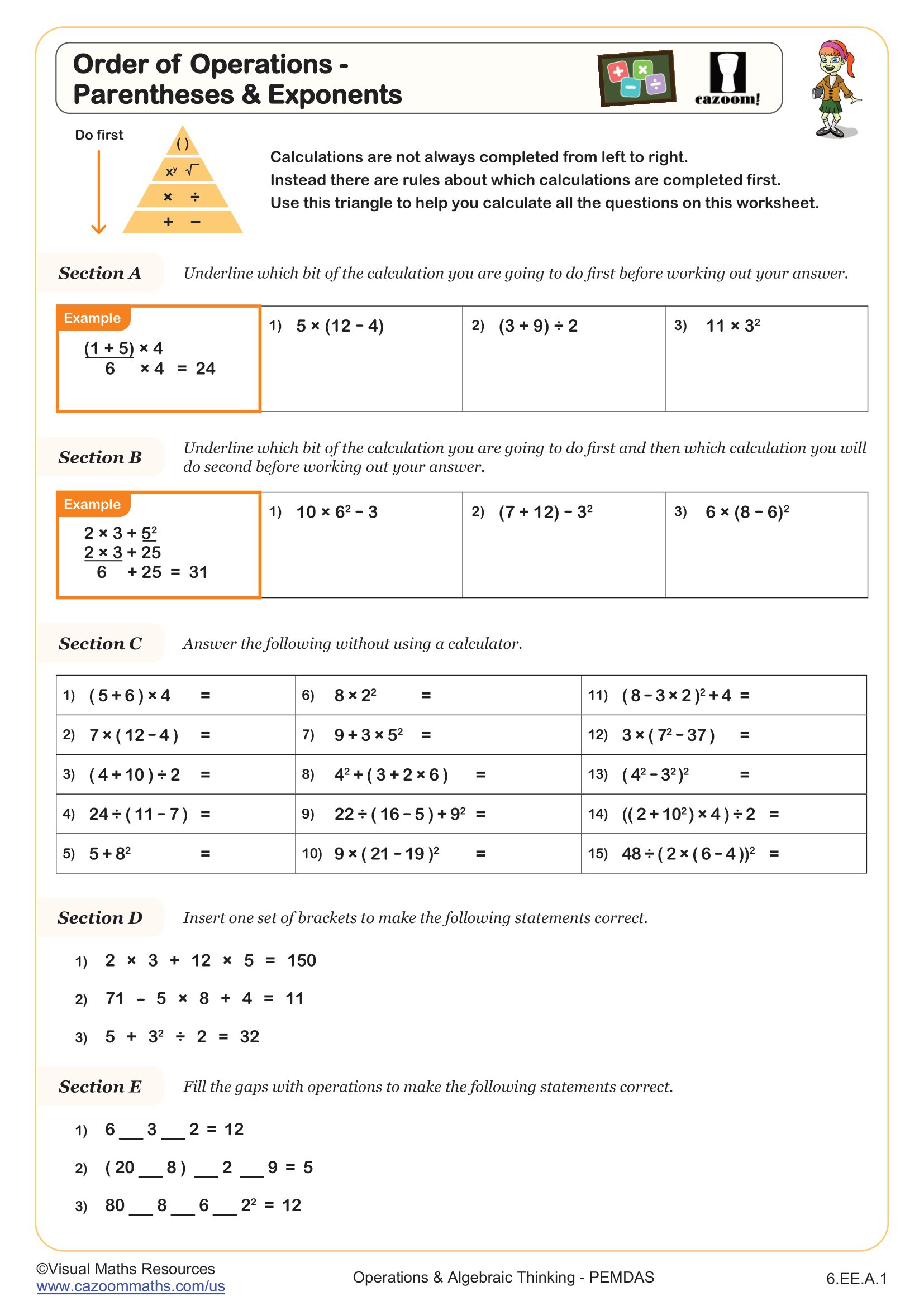 Order of Operations - Parentheses & Exponents Worksheet | 6th ...