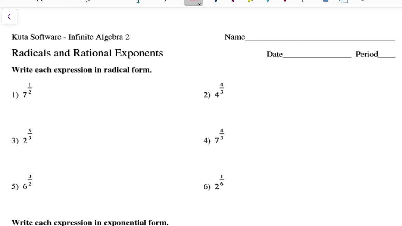 Algebra 2 Radicals and Rational Exponents Worksheet Examples ...