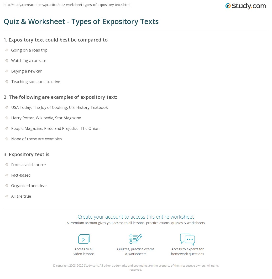 Quiz & Worksheet - Types of Expository Texts | Study.com - Worksheets Library