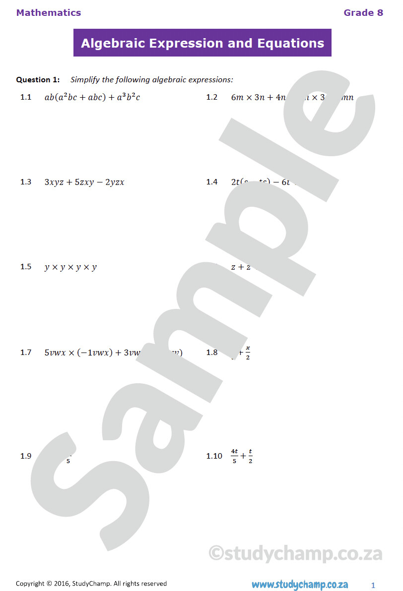 Grade 8 Mathematics Worksheet: Algebraic Expressions and Equations ...