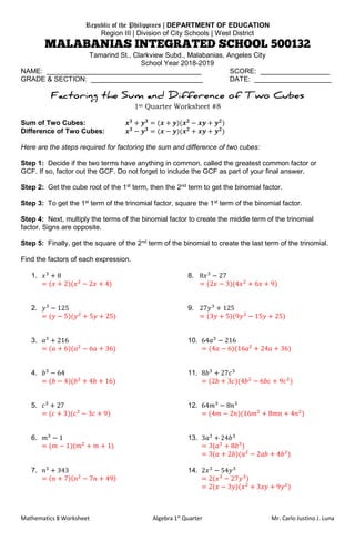 Sum and Difference of Cubes Algebra and Factoring Polynomials Worksheet - Worksheets Library