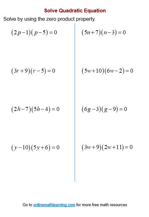 Solve Quadratic Equation By Factoring Worksheets Printable