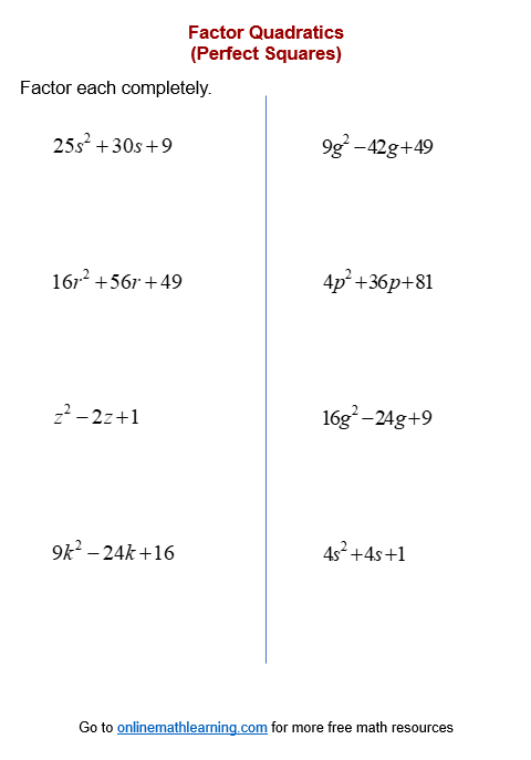 Perfect Square Trinomial Worksheets Printable Online Answers
