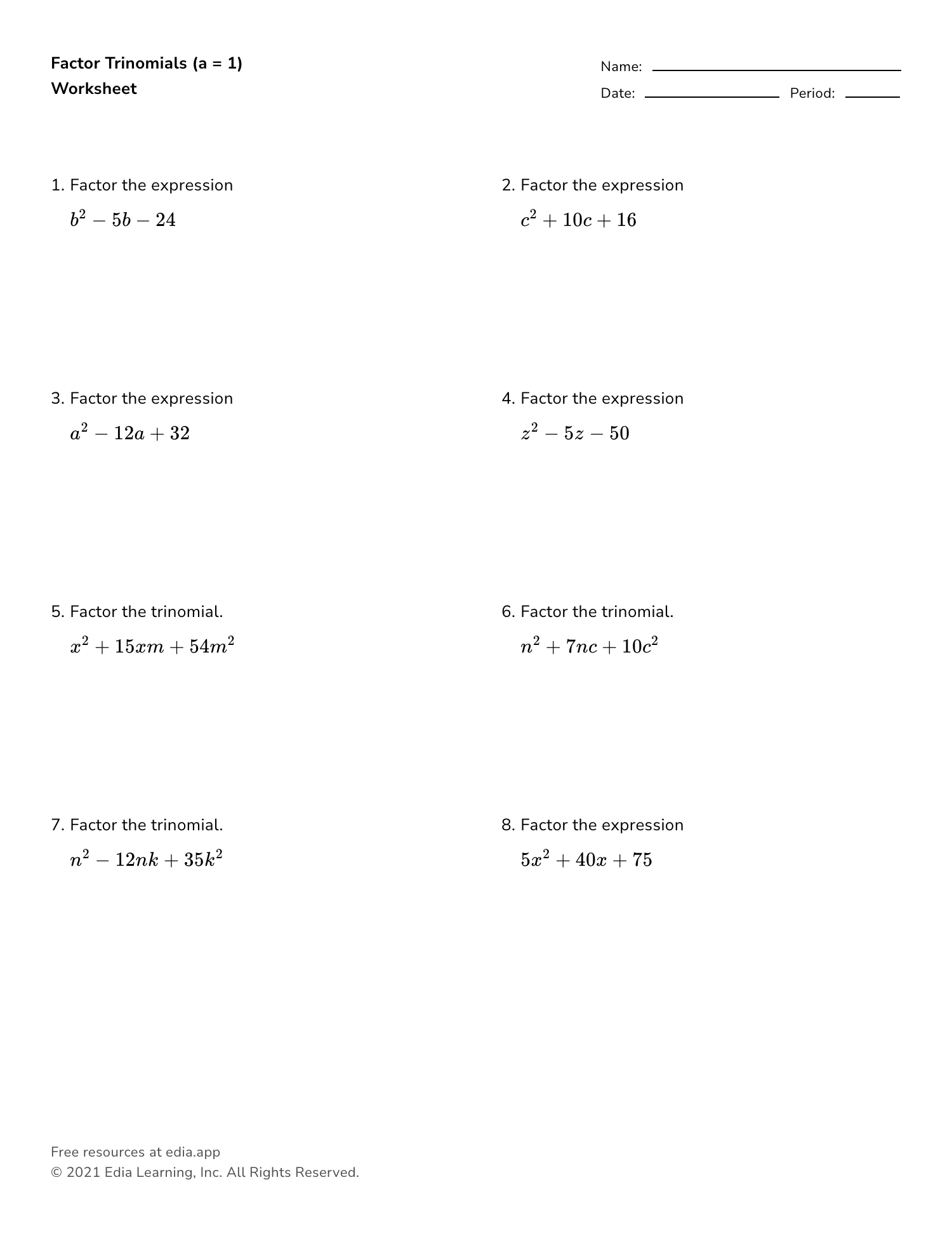 Factoring Trinomial Squares With Leading Coefficient Of 1 Worksheet